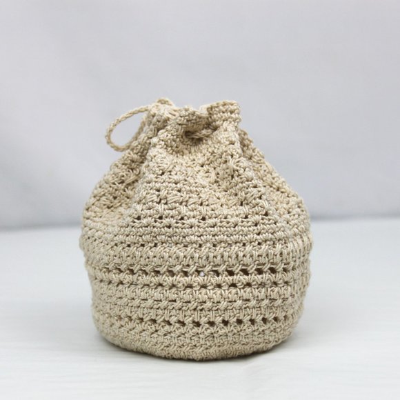 Hand Crafted | Bags | Cream Crocheted Short Top Round Drawstring Pouch ...